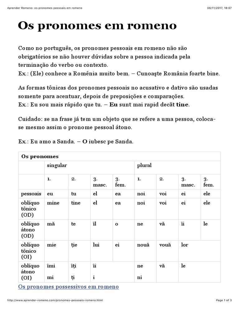 Romeno - Os Pronomes Pessoais em Romeno | PDF