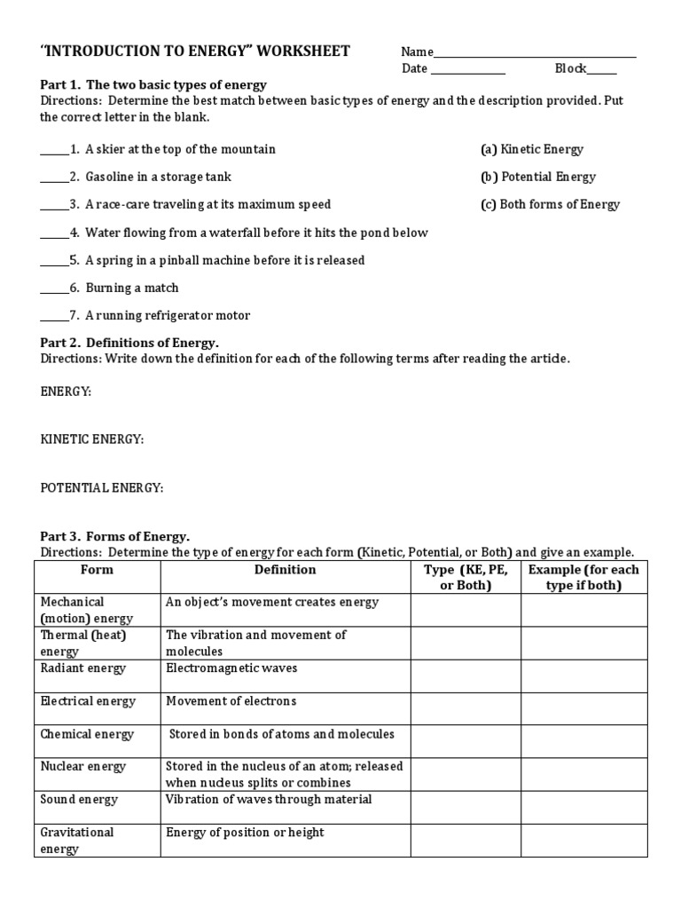 Energy Types and Definitions Worksheet | PDF | Potential Energy ...