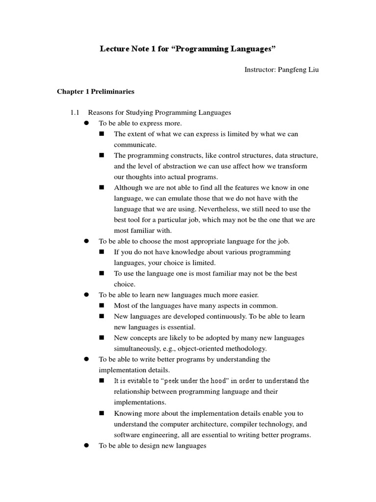 Lecture Note 1 For "Programming Languages": Chapter 1 Preliminaries | PDF | Computer Program ...