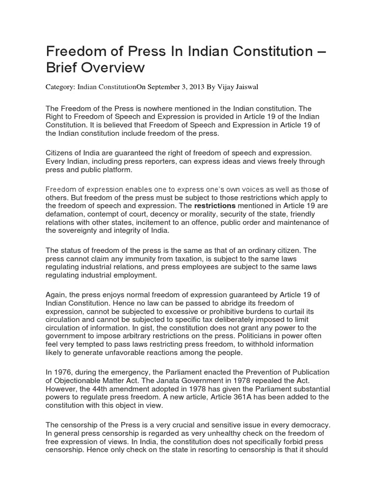 Freedom of Press in Indian Constitution | PDF | Freedom Of The Press ...