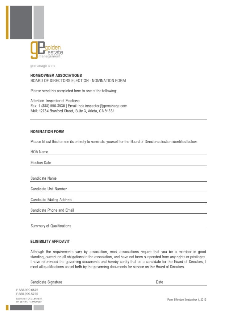 HOA Board Nomination Form Template | PDF | Government | Business