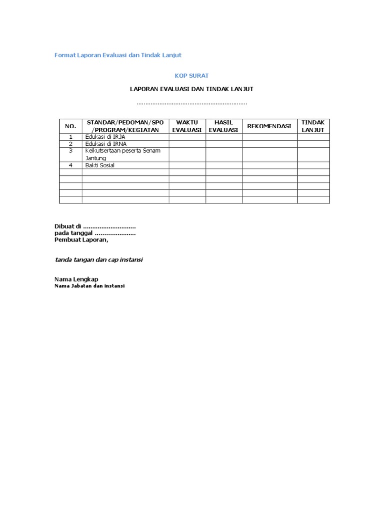 Format Laporan Evaluasi Dan Tindak Lanjut | PDF