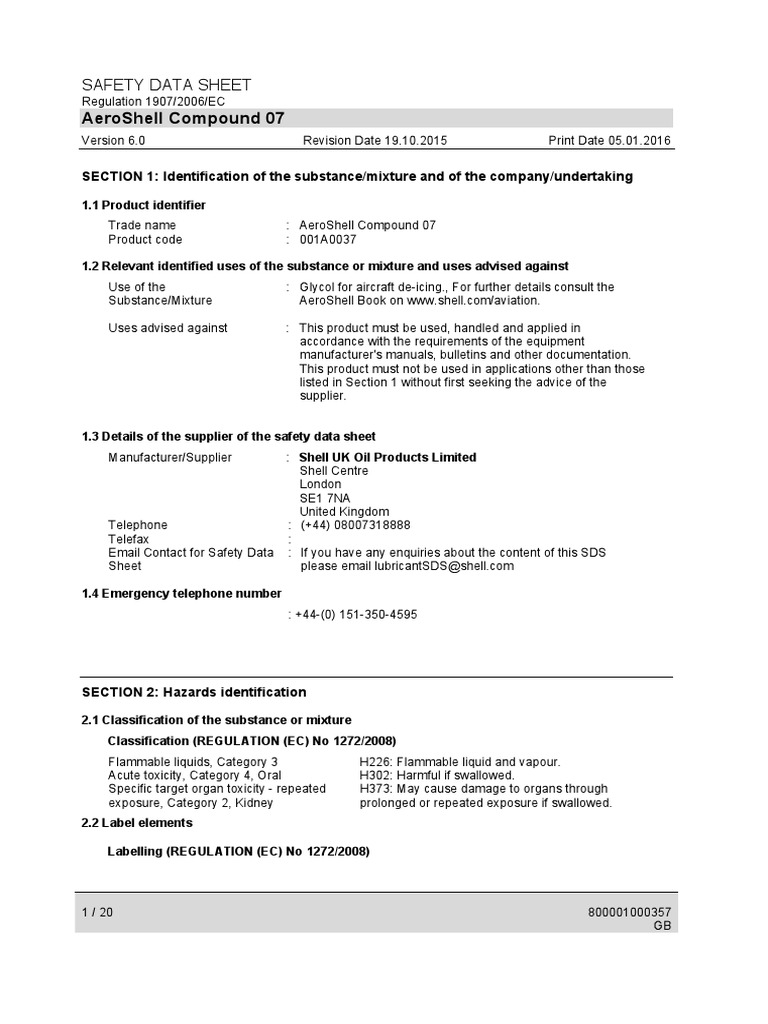 AeroShell Compound 07 Safety Guide | PDF | Dangerous Goods | Toxicity