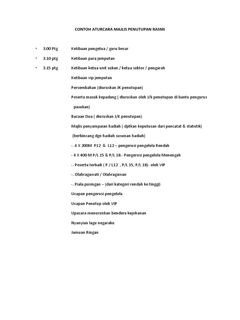 Contoh Aturcara Majlis Penutupan Rasmi | PDF