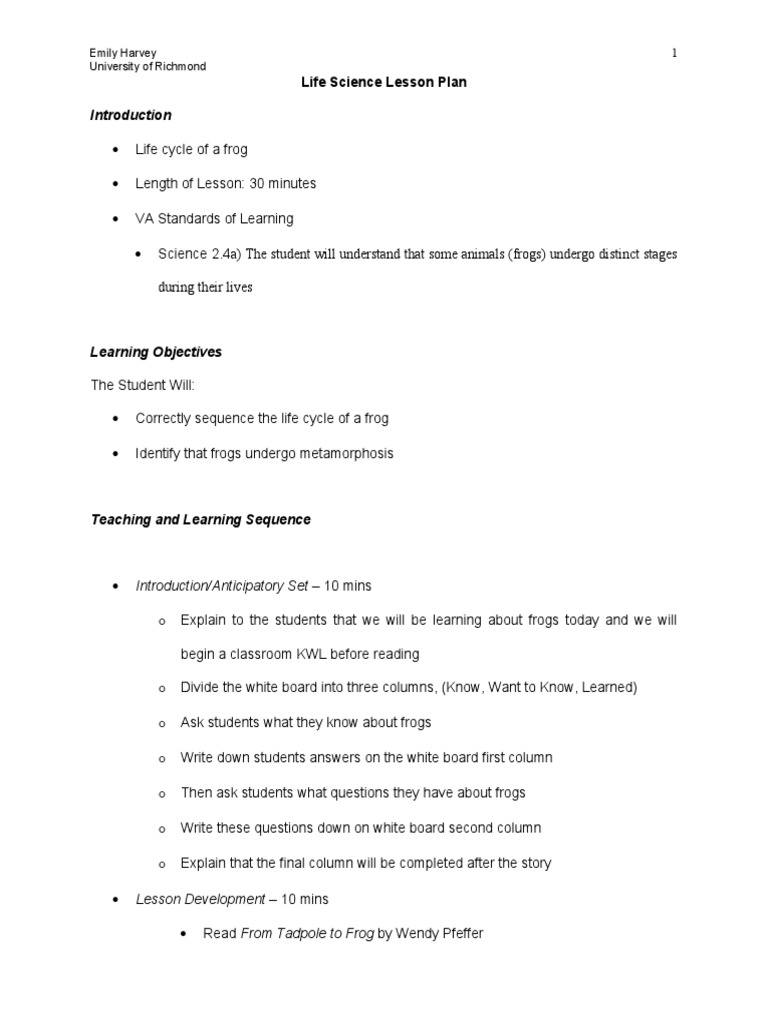 Life Science Lesson Plan: Emily Harvey 1 University of Richmond | PDF ...