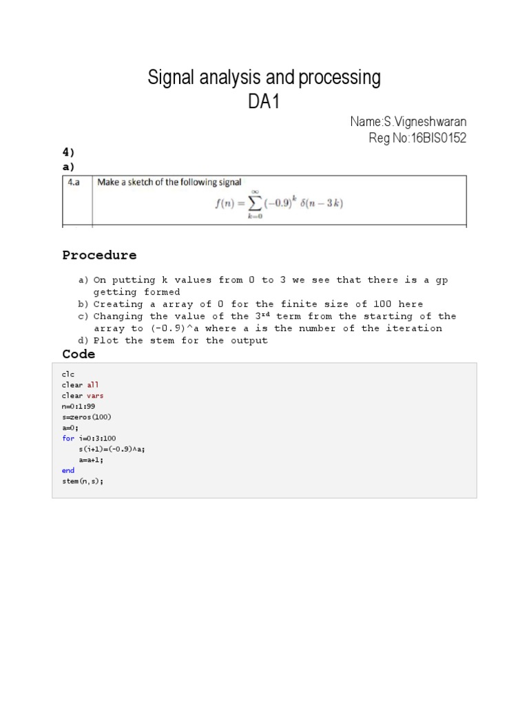Signal Analysis and Processing DA1: Procedure | PDF | Signal Processing | Applied Mathematics