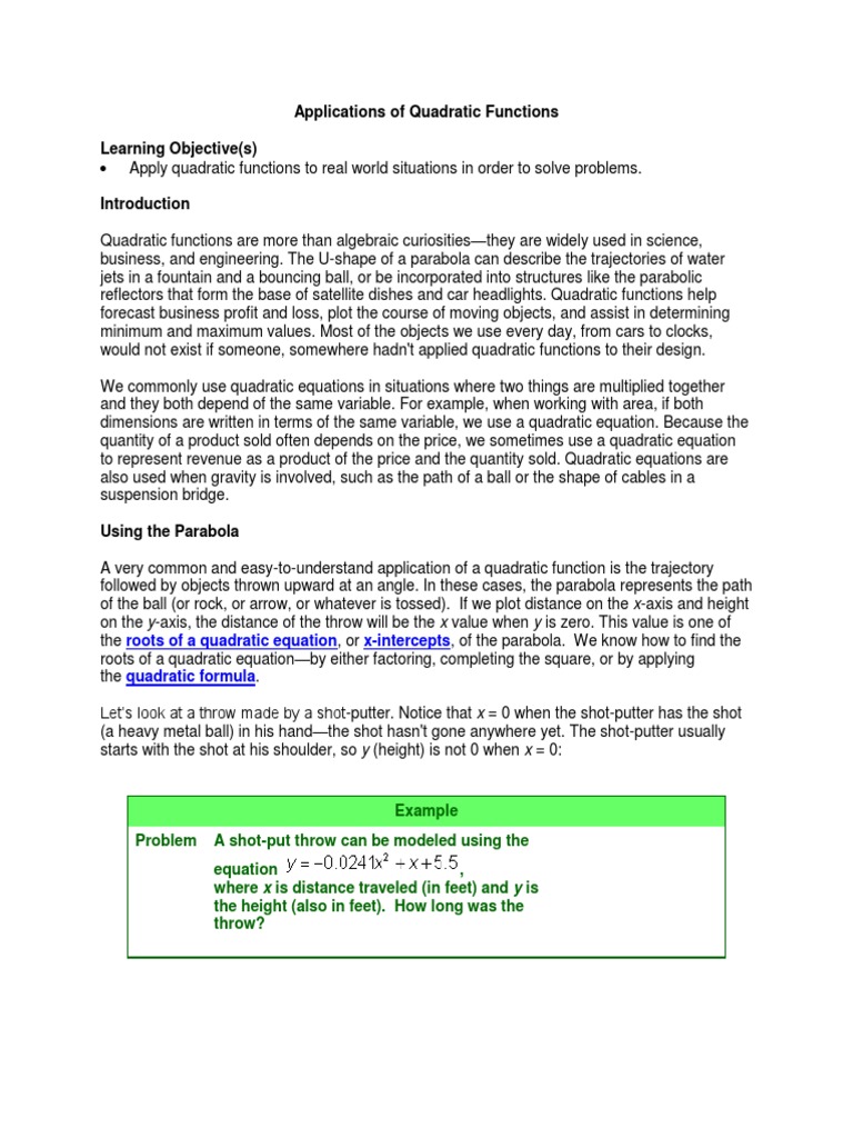 Applications of Quadratic Functions | PDF | Quadratic Equation | Trajectory