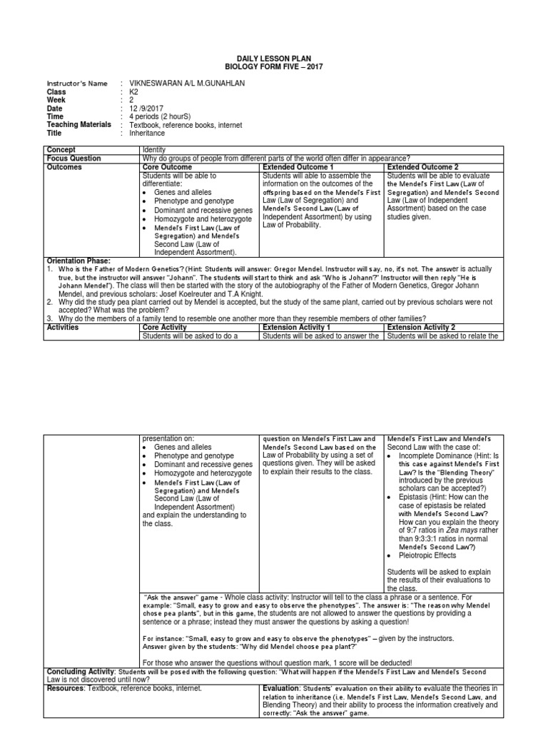 Lesson Plan Week 5 | PDF | Dominance (Genetics) | Zygosity