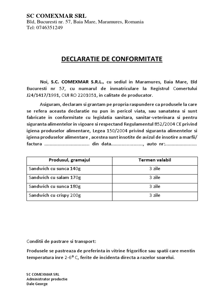 Declaratie de Conformitate