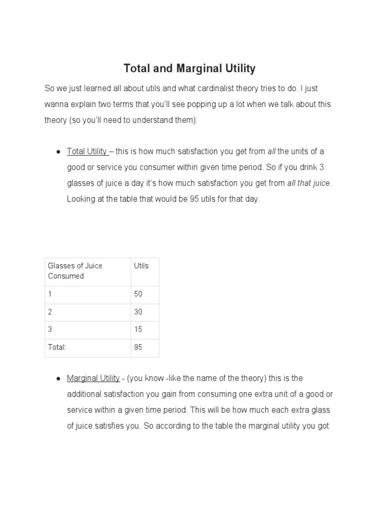 Total and Marginal Utility | PDF