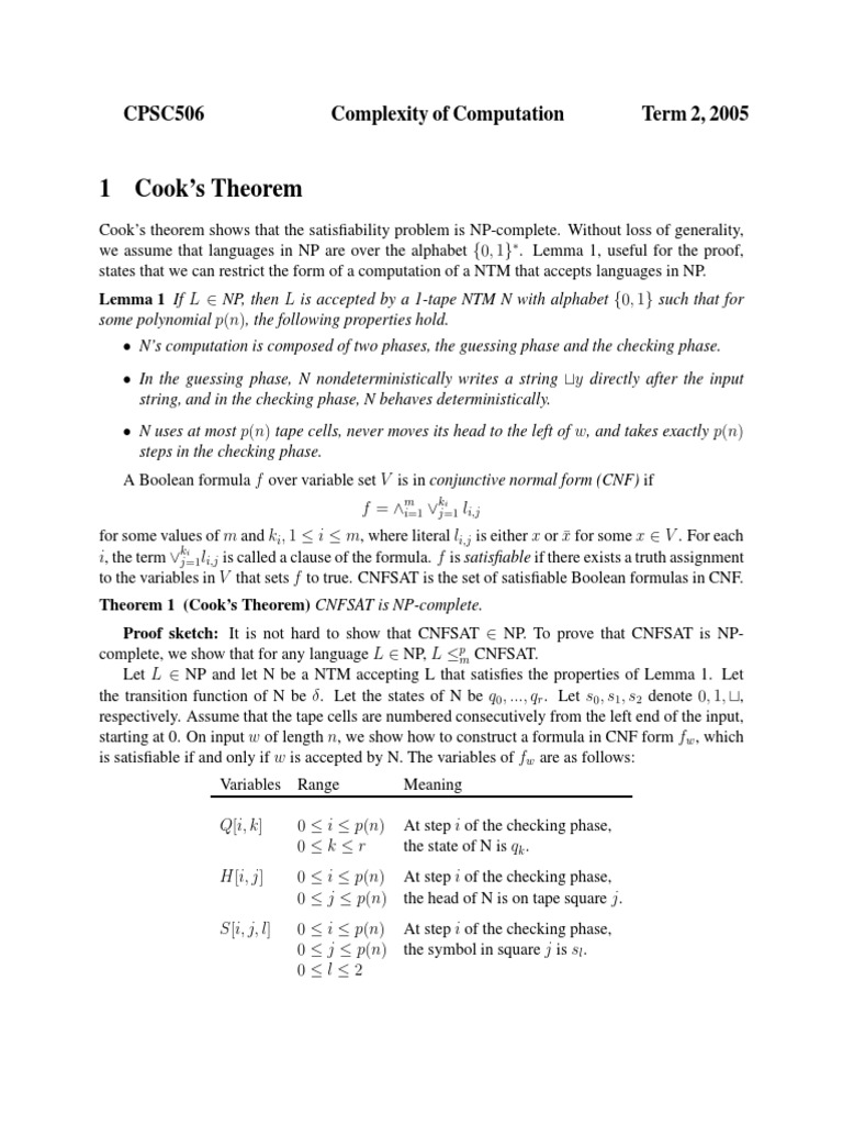 Cook's Theorem | PDF | Mathematical Logic | Computer Science