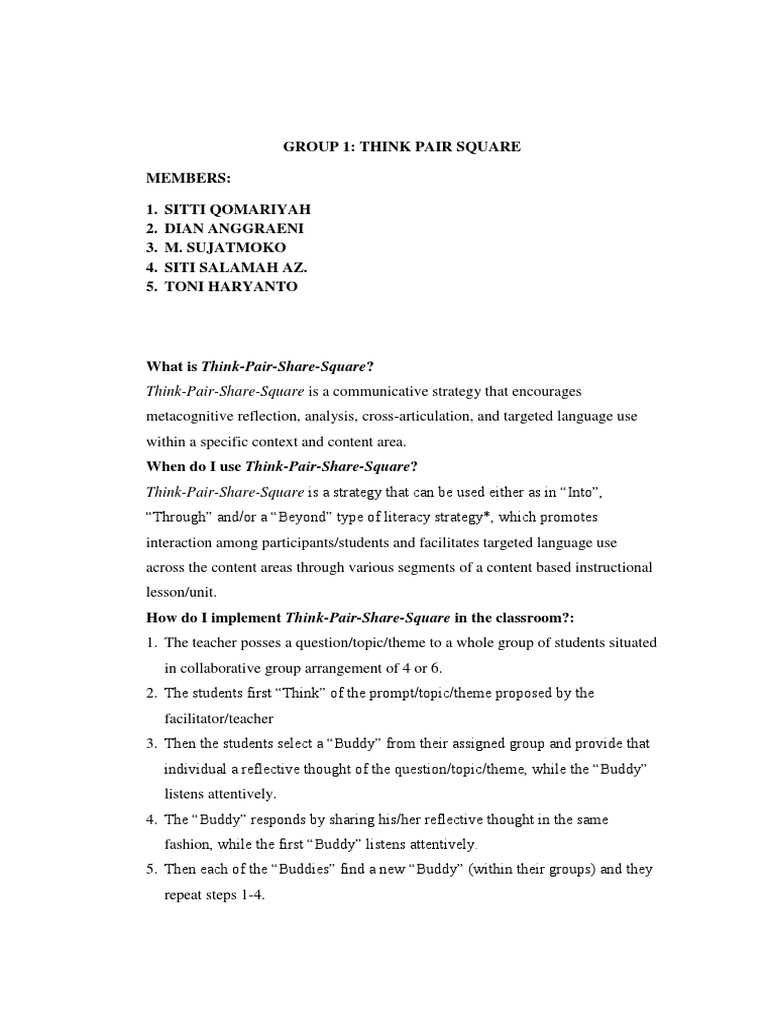 Think Pair Square | Reading Comprehension | Reading (Process)