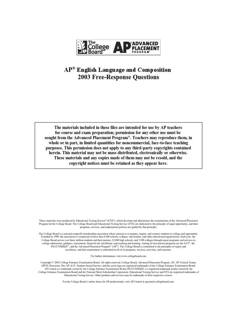 AP English Language and Composition 2003 Free-Response Questions | PDF ...