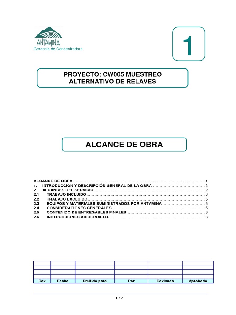 Documento Alcance Muestreo Relaves Rev 1 | PDF | Calidad (comercial ...