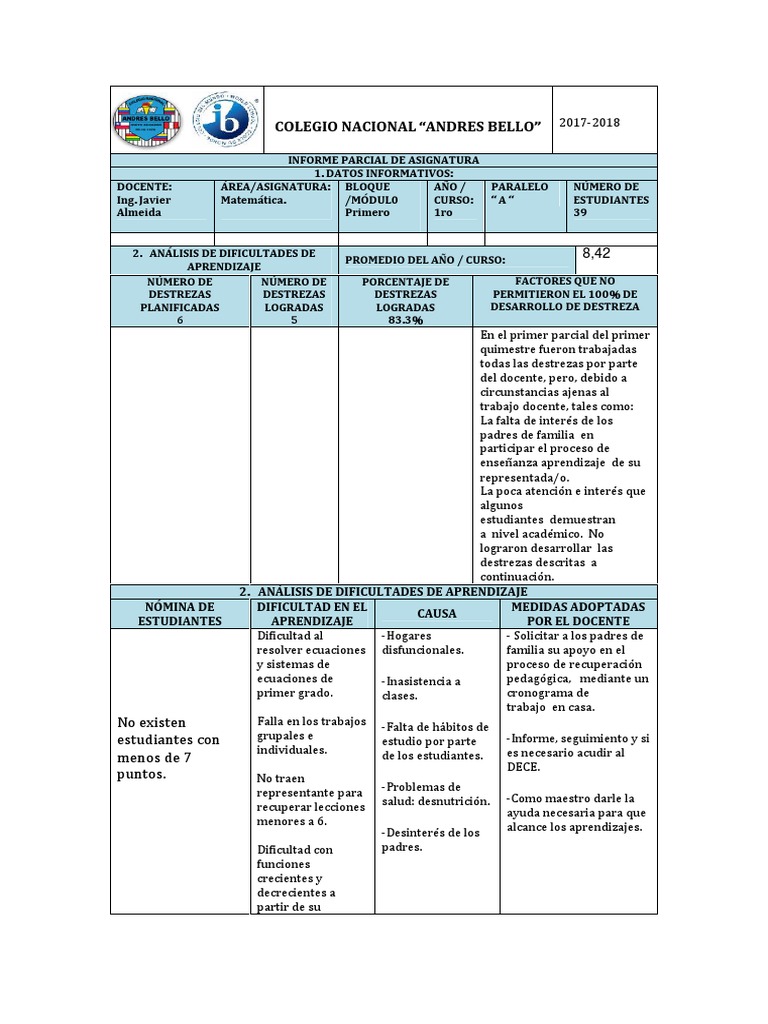 Informe Parcial Asignatura Bloque 1 Primero A PDF | PDF | Maestros | Aprendizaje