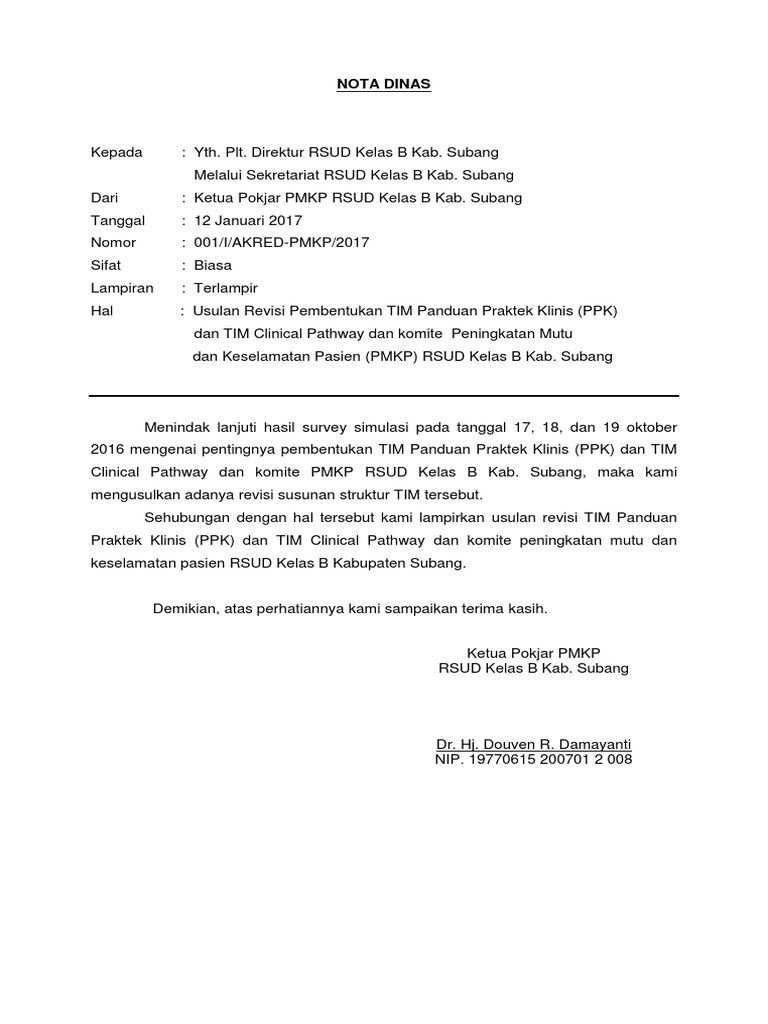 Nota Dinas Revisi Pembentukan TIM Komite PMKP Dan Clinical Pathway | PDF