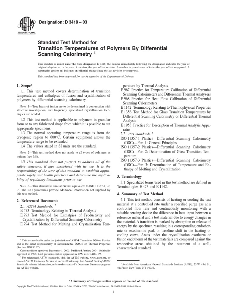 ASTM D 3418 - 03 Standard Test Method For Transition Temperatures of ...