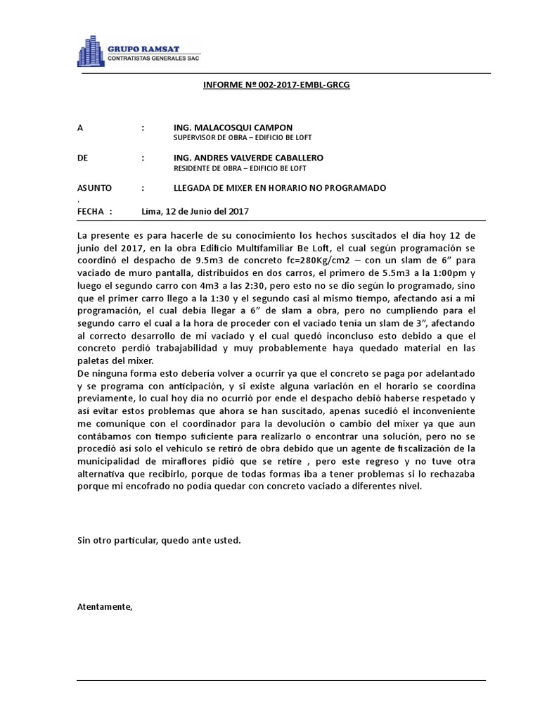 Informe N°002 - Llegada Tarde de Concreto. | PDF
