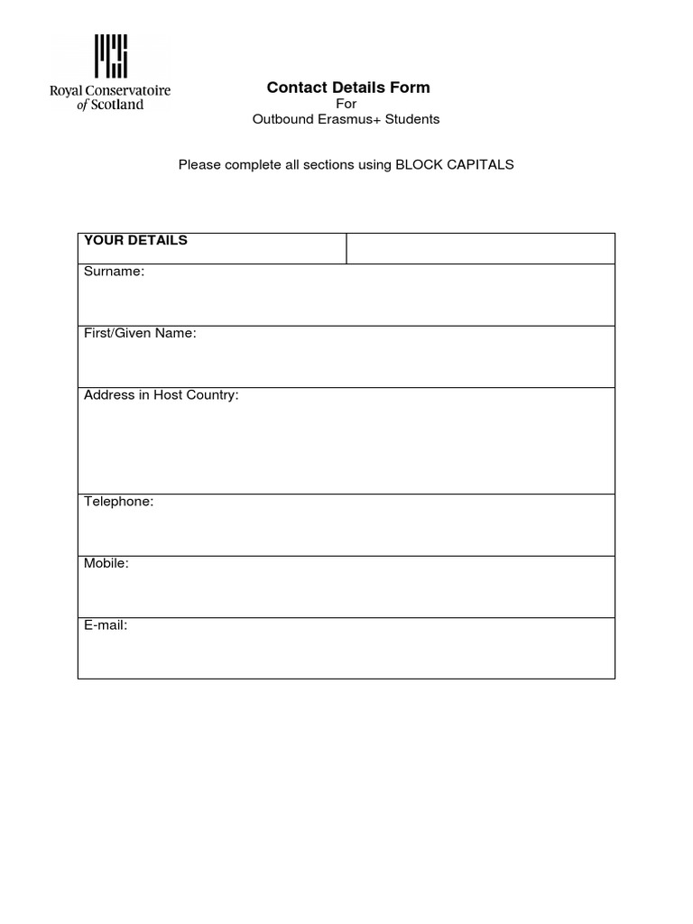 Contact Details Form: For Outbound Erasmus+ Students | PDF