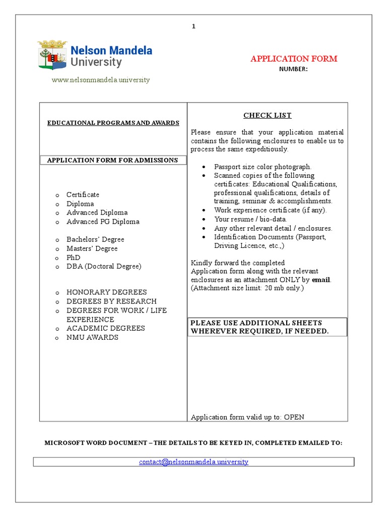 Nelson Mandela University - Application Form | PDF | Academic Degree ...