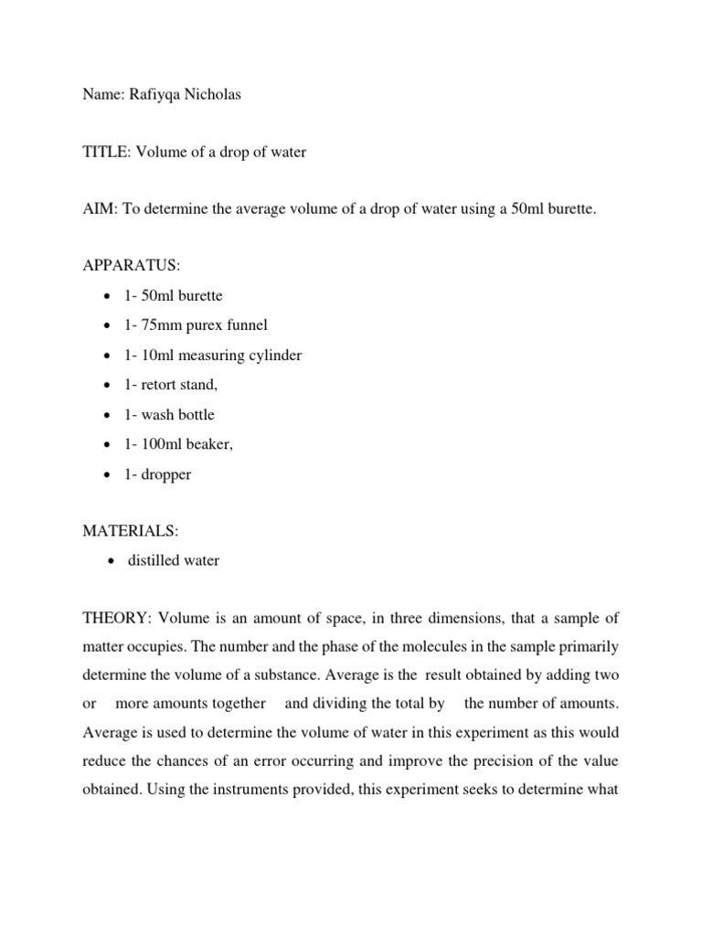 Average Volume of Water Drop: 0.04ml | PDF | Observational Error ...