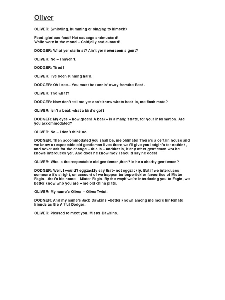Oliver Audition Dialogue | PDF | Nancy (Oliver Twist) | Fagin