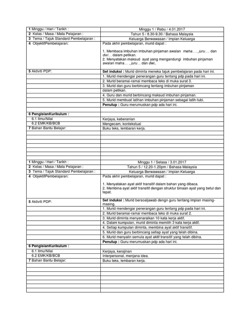 RPH Bahasa Melayu Tahun 5 | PDF