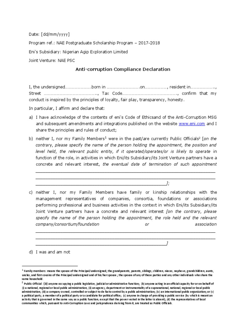 Anti-Corruption Compliance Declaration | PDF | Subsidiary | Family