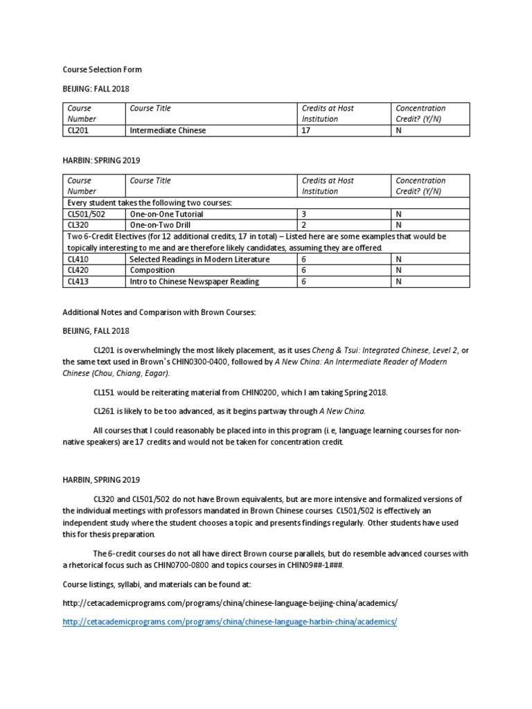 Course Number Course Title Credits at Host Institution Concentration ...