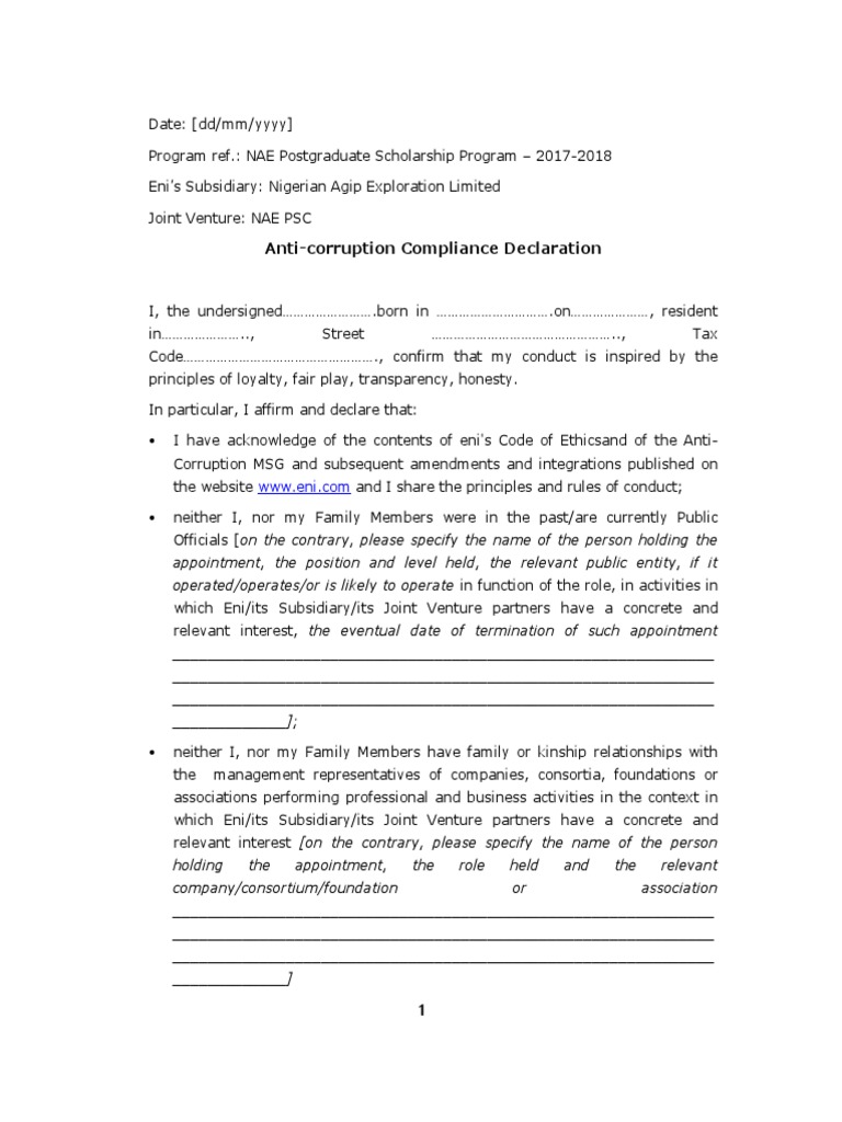 Anti-Corruption Compliance Declaration | PDF | Corruption | Justice