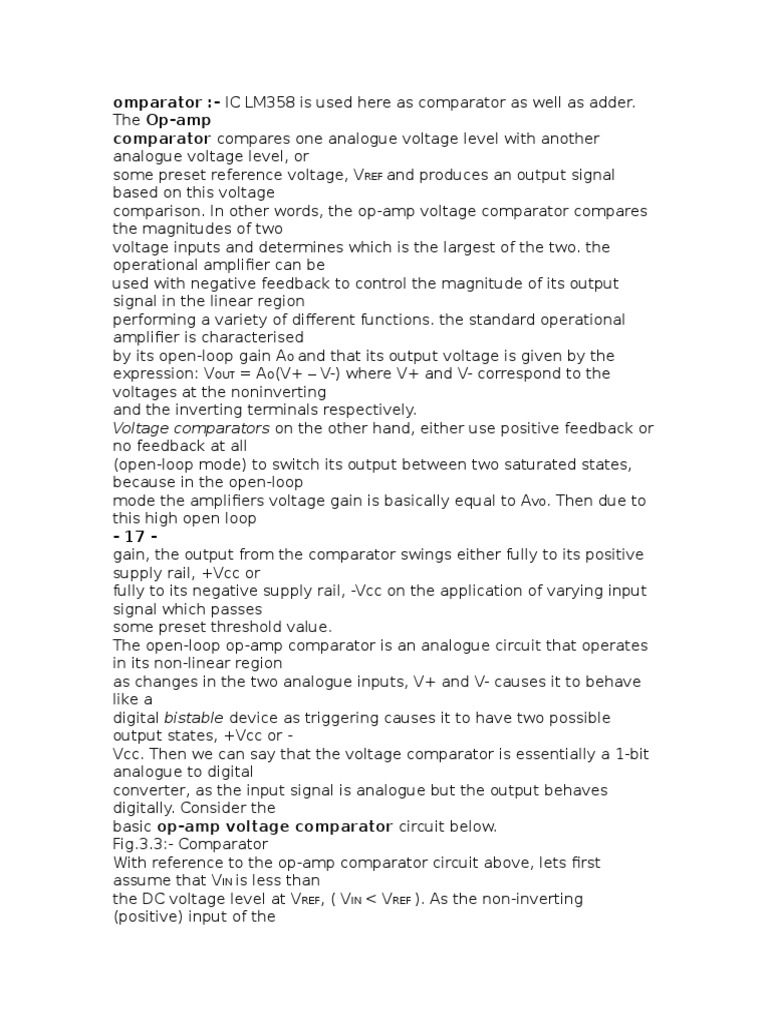 Comparator Compares One Analogue Voltage Level With Another: Omparator ...
