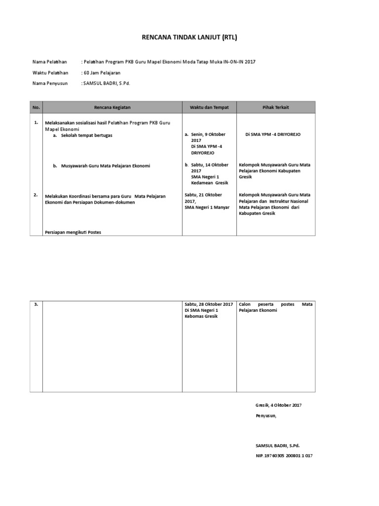 Contoh Rencana Tindak Lanjut | PDF