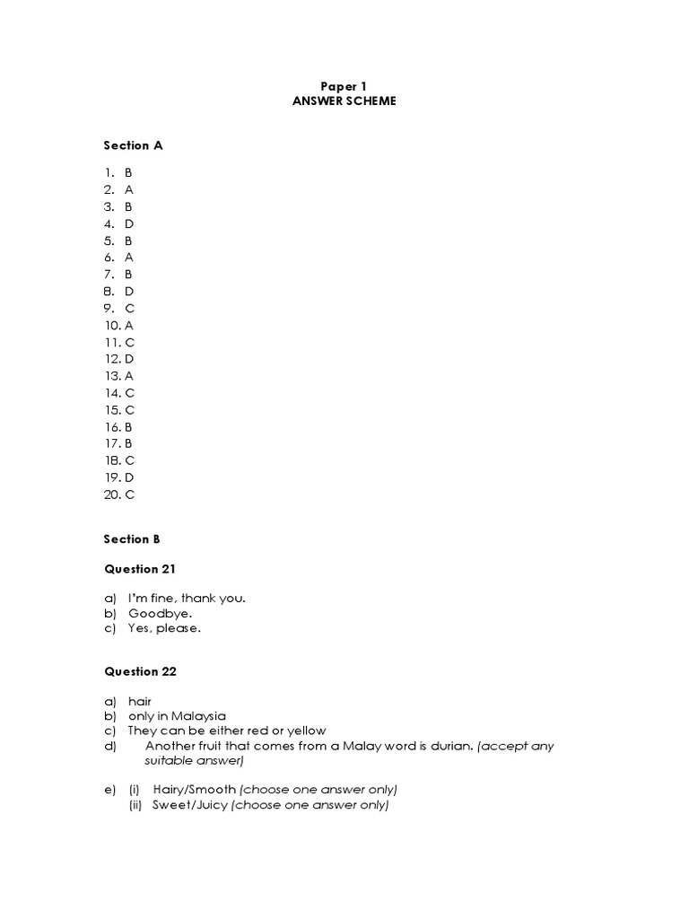 Paper 1 Answer Scheme: Key and responses for multiple choice and ...
