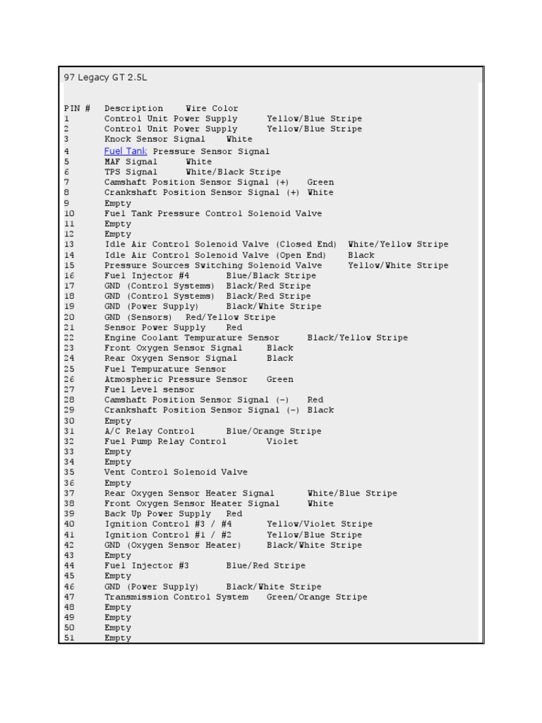 97 Legacy GT ECU Pinout | PDF | Fuel Injection | Vehicle Technology