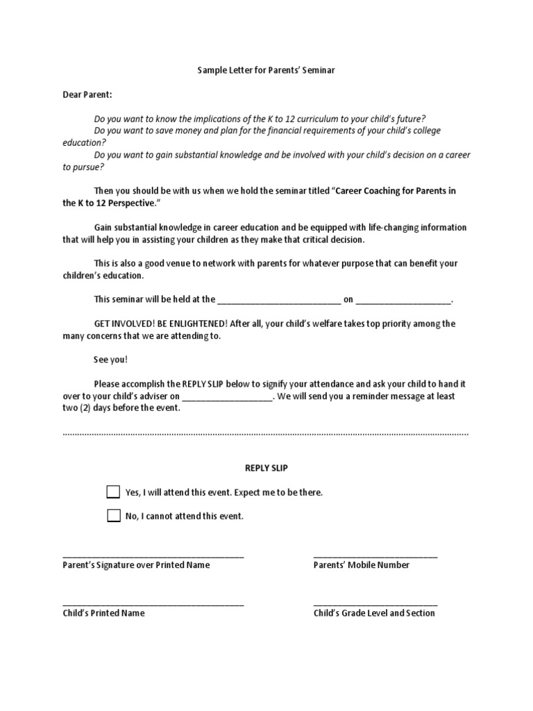 Sample Letter For Parents' Seminar | PDF