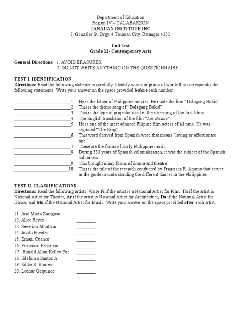 Unit Test | PDF | Philippines | Arts (General)