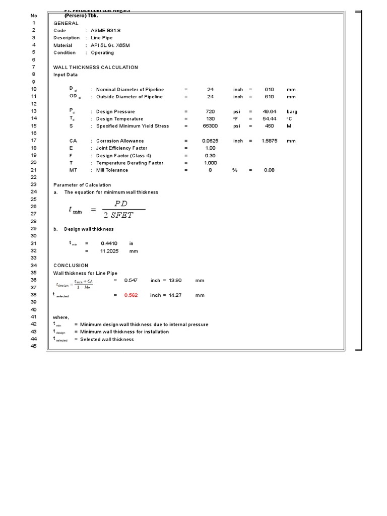 Pipe Wall Thickness Calculation ASME B31.8 | PDF | Pipeline Transport | Pipe (Fluid Conveyance)