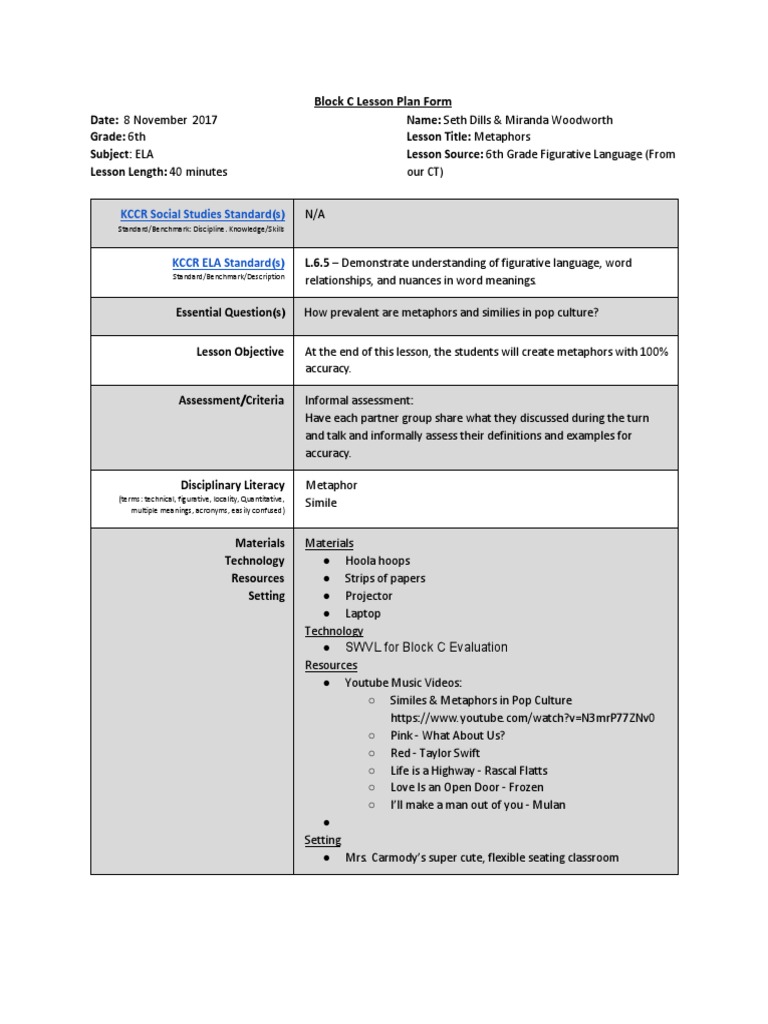 6th Grade Metaphors | PDF | Cognition | Learning
