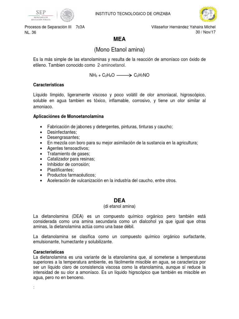 Comparativa de MEA, DEA y TEA | PDF | Química Orgánica | Química