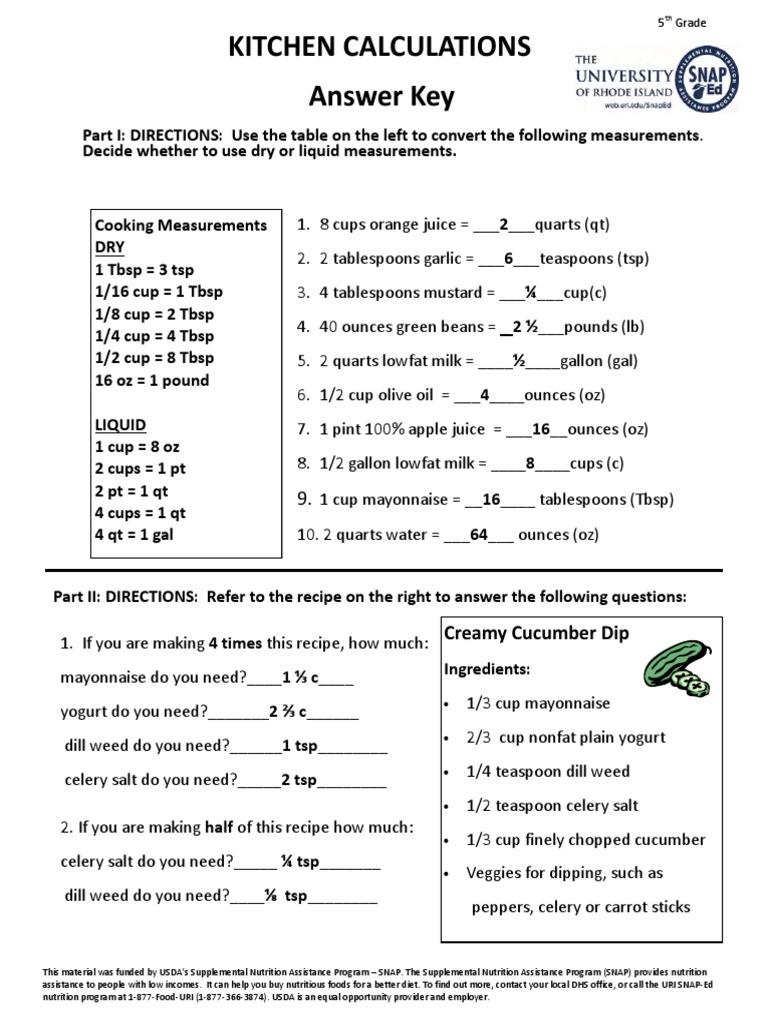 Gr5 Handout Kitchen Calculations Answer Key | PDF | Tablespoon | Gallon