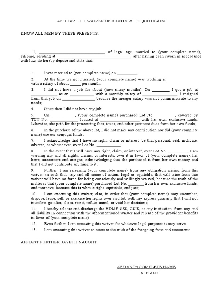 Waiver of Rights and Quitclaim Sample | PDF | Public Law | Civil Law ...