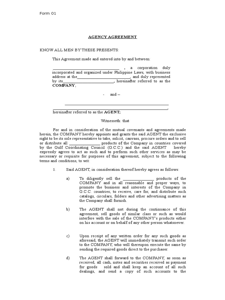 Agency Agreement: Form 01 | PDF | Law Of Agency | Business Law