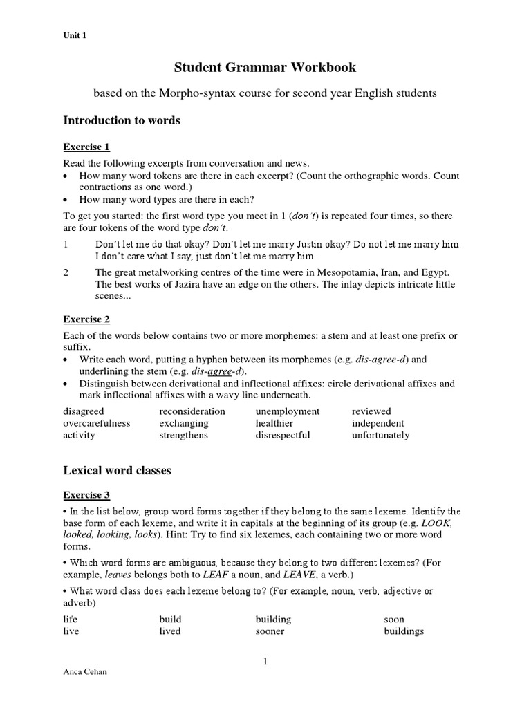 Student Grammar Workbook: Introduction to Morphology and Word Classes | PDF | Morphology ...