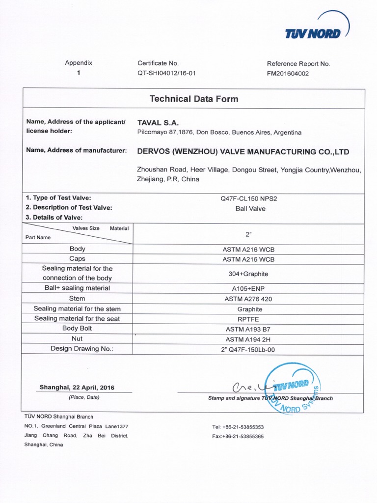 Dervos Ball Valve API 607 Certificate | PDF