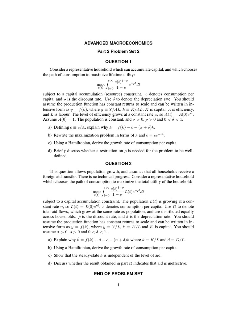 Advanced Macroeconomics Part 2 Problem Set 2 | PDF | Production ...