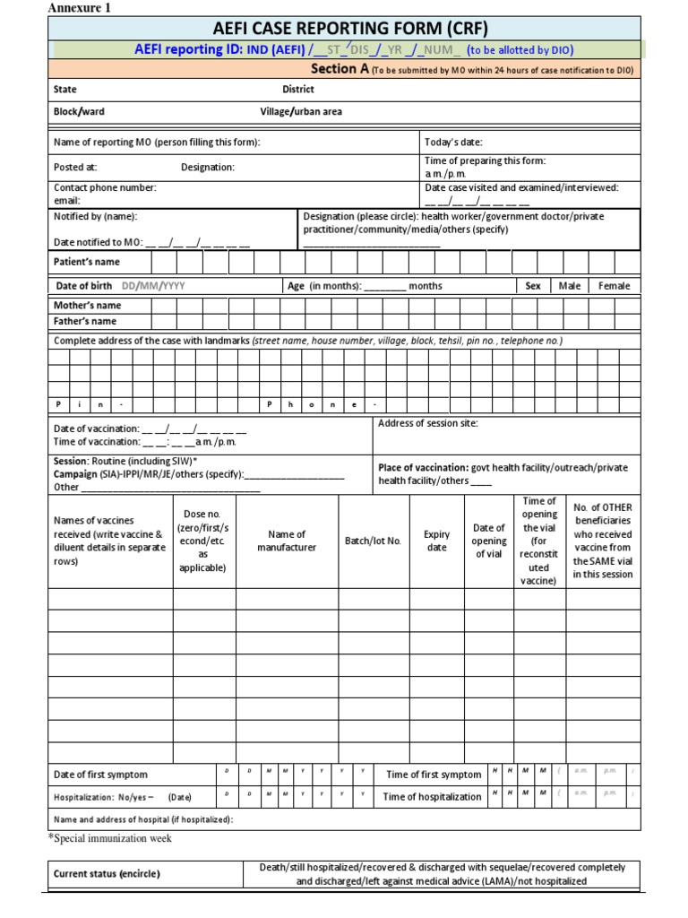 AEFI Case Reporting Form India | PDF | Medicine | Medical Specialties