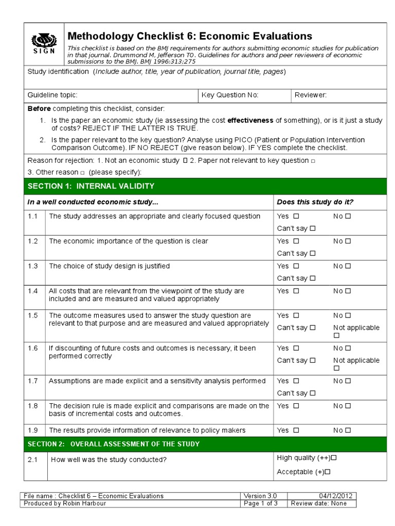 Checklist For Economic Studies | PDF | Cost Effectiveness Analysis ...