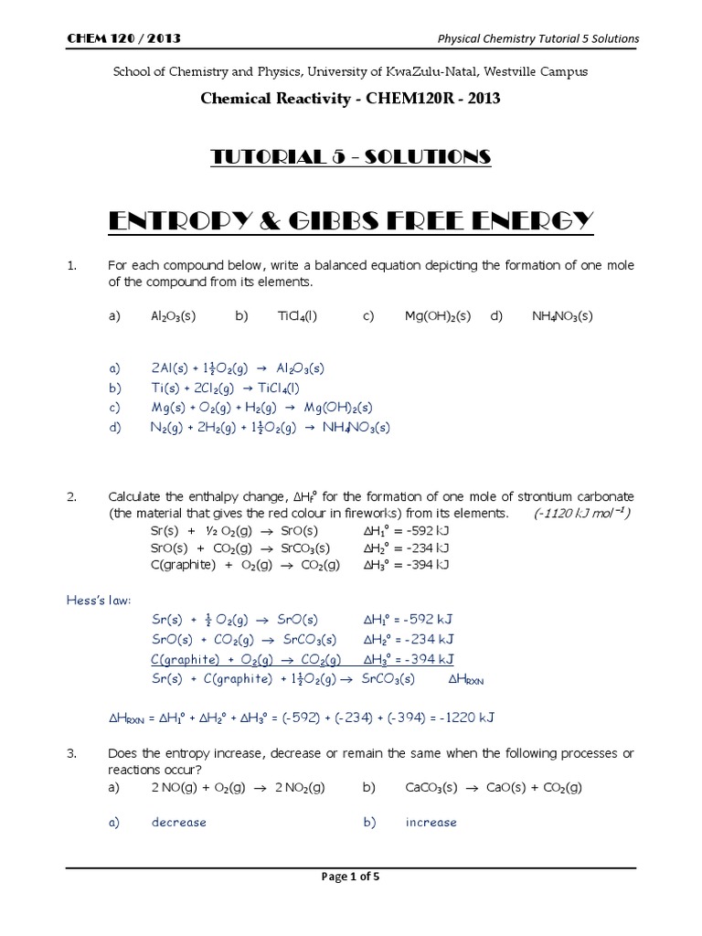 Tutorial 5 - Entropy and Gibbs Free Energy - Answers PDF | PDF | Mole ...