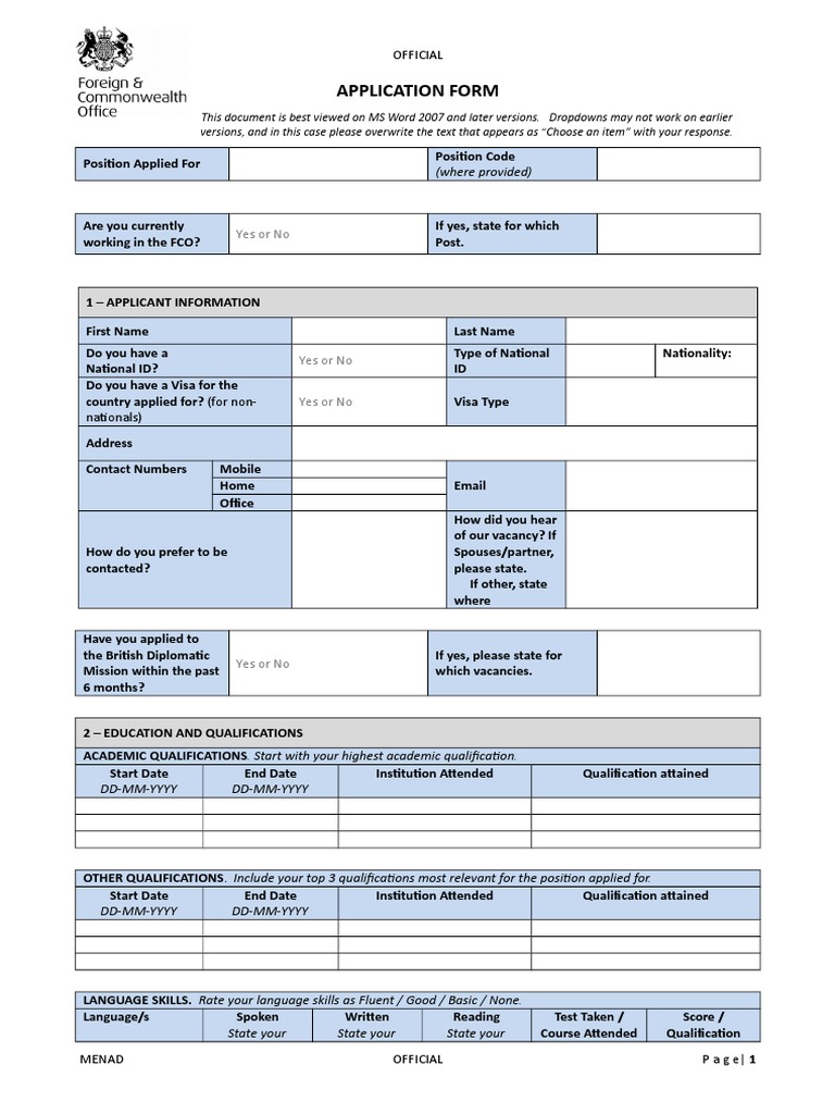 Official Job Application Form | PDF | Disability | Microsoft Word