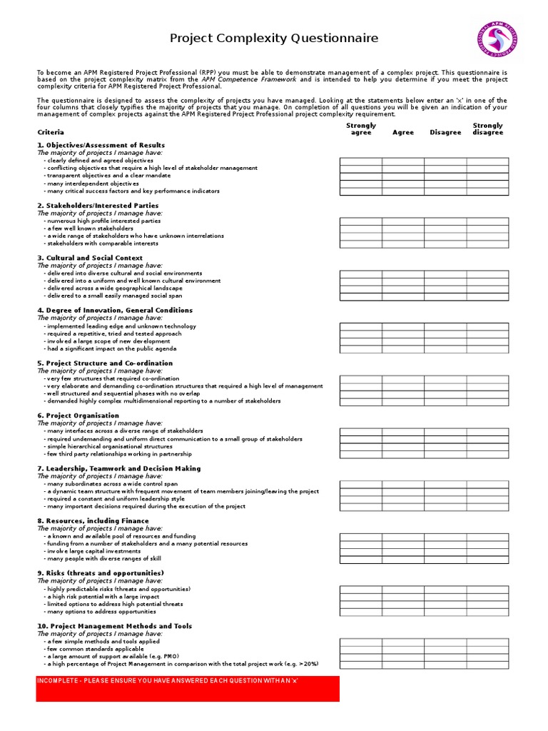 RPP Project Complexity Questionnaire 11 | PDF | Leadership | Economies